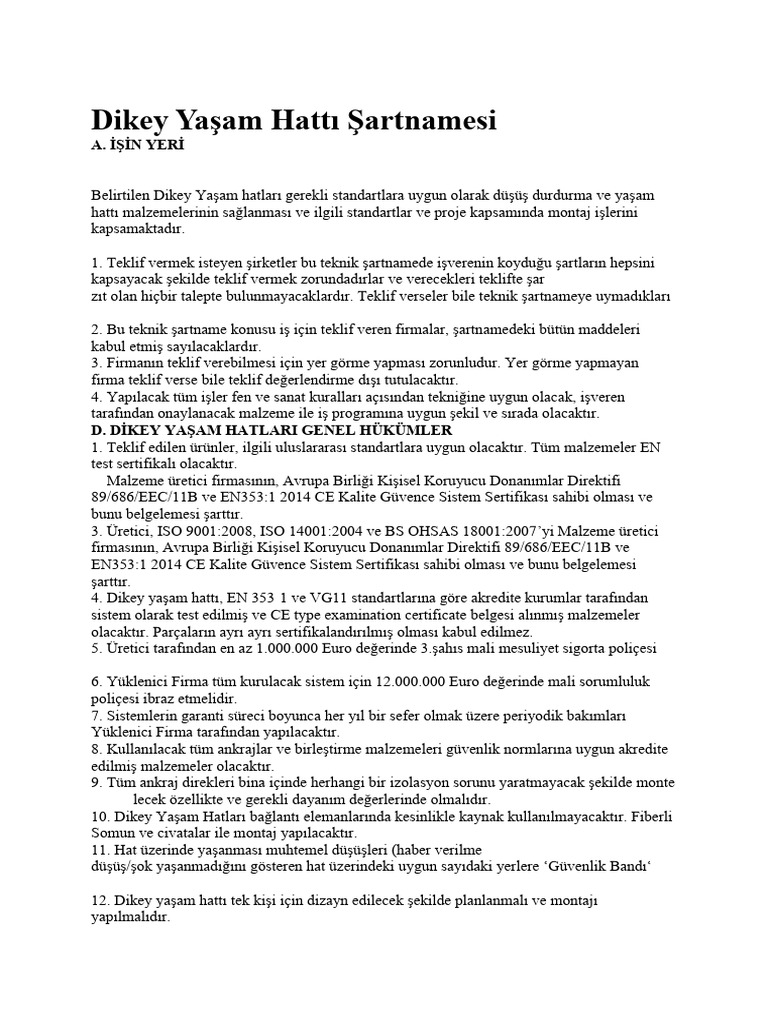 Di̇key Yaşam Hatti Şartnama | PDF