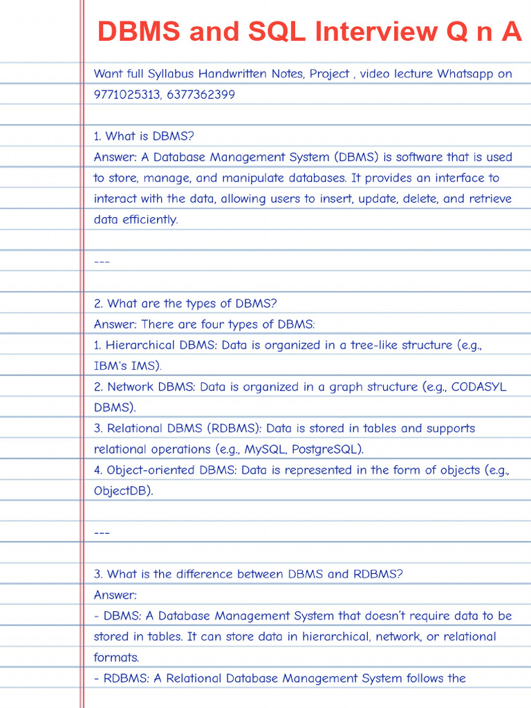 DBMS and SQL Interview QnA | PDF