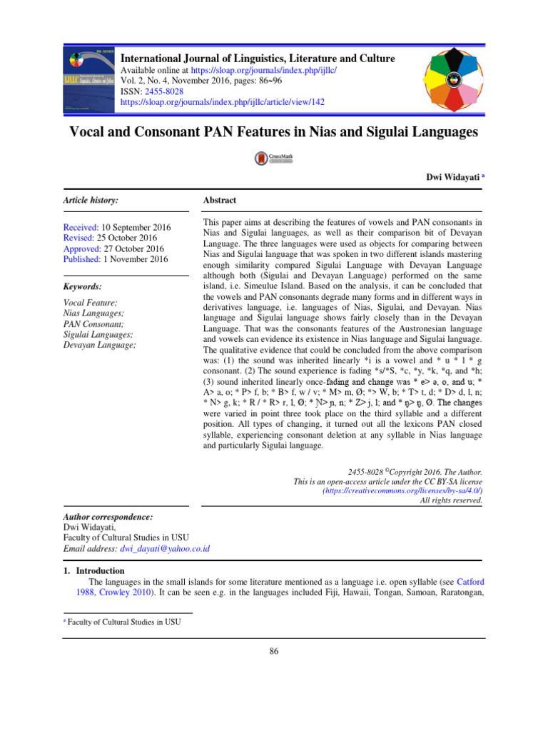 Vocal and Consonant Pan Features in Nias Ea5a5453 | PDF | Syllable | Word