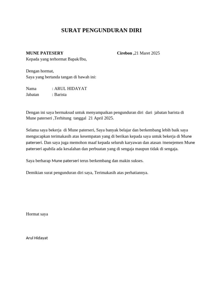 Surat Pengunduran Diri Arul | PDF