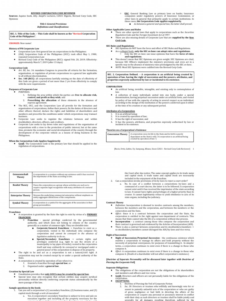 Reviewer Revised Corporation Code | PDF | Piercing The Corporate Veil ...