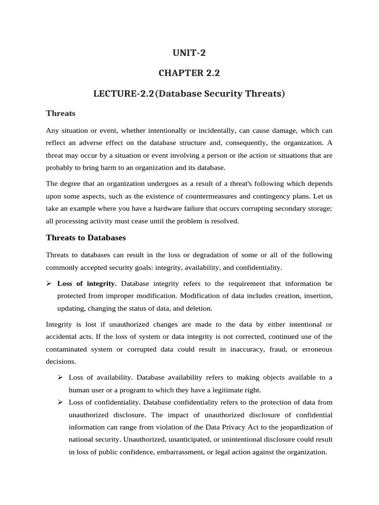 Notes Chapter 2.2 Lecture 2.2.2 (Database Security Threats) | PDF ...