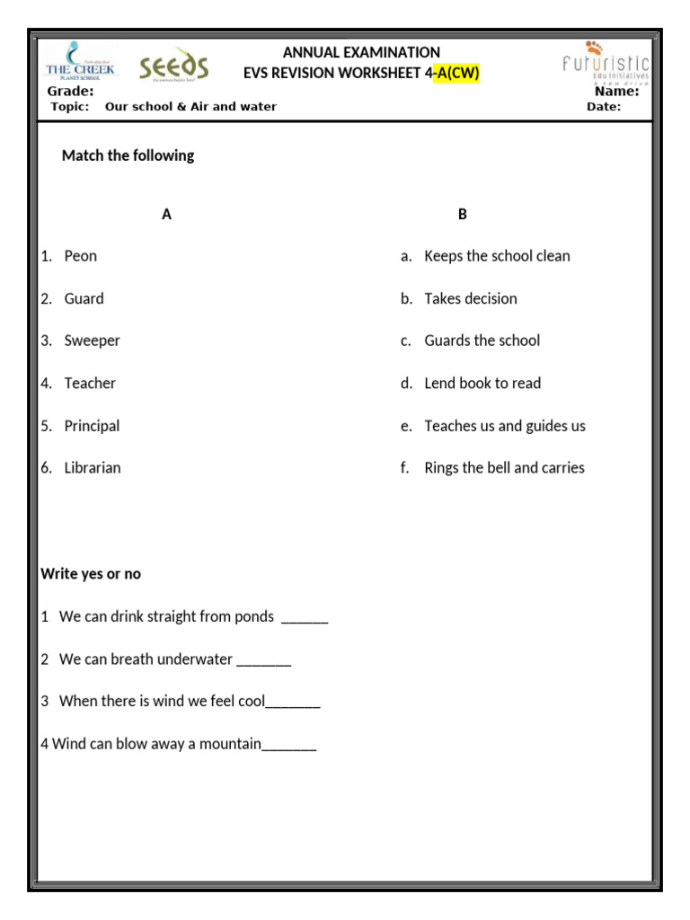 EVS Revision Worksheet: School & Environment | PDF