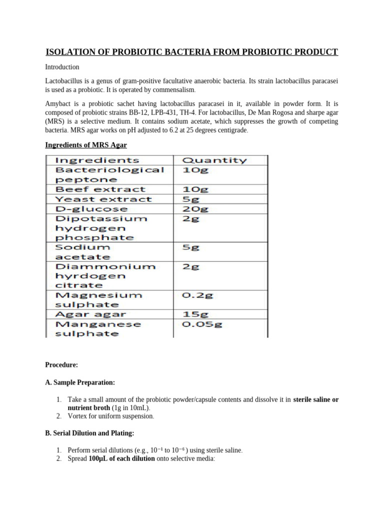ISOLATION OF PROBIOTIC BACTERIA FROM PROBIOTIC PRODUCT | PDF