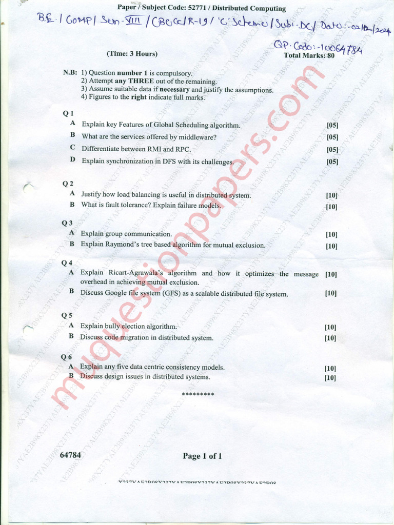 Be Computer Engineering Semester 8 2024 December Distributed Computing Rev 2019 C Scheme | PDF