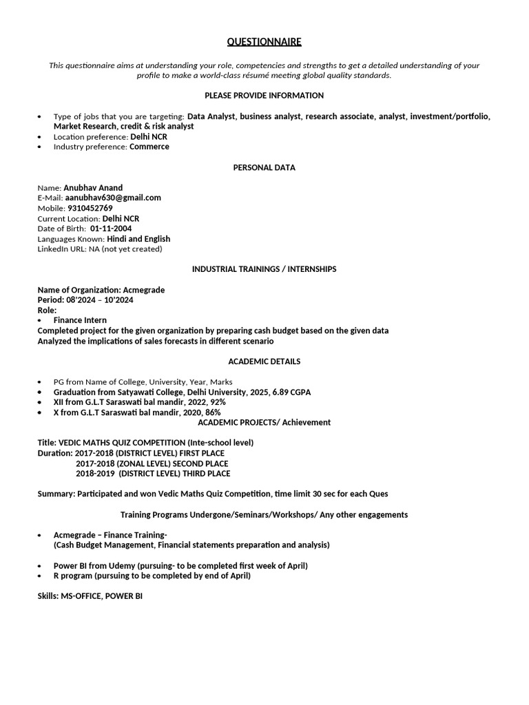 RESUME_QUESTIONNAIRE | PDF