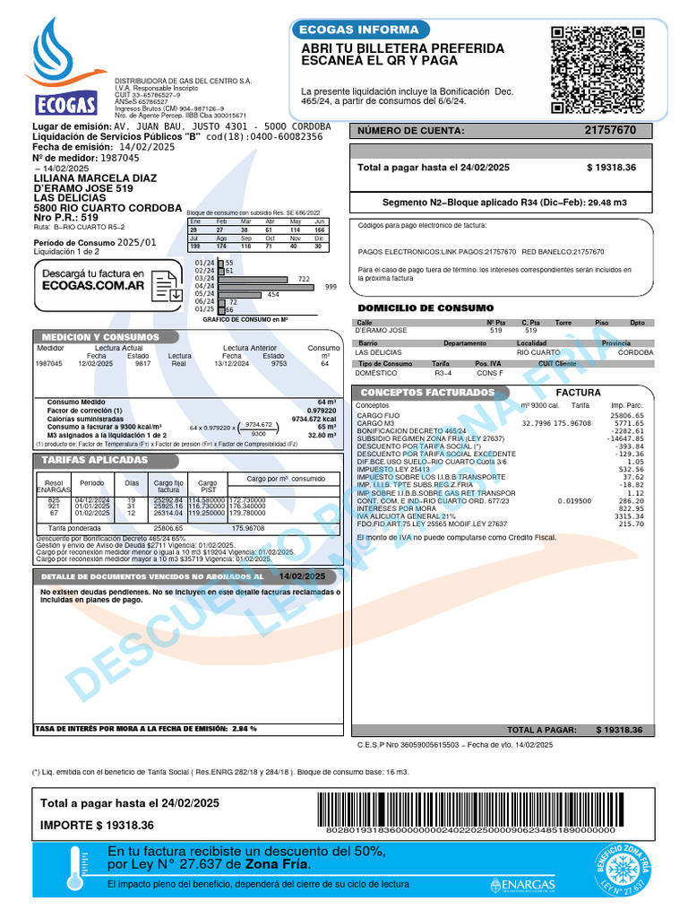 Factura Debito ECOGAS Nro 0400 60082356 000021757670 Cen | PDF | Química Física | Mecánica ...