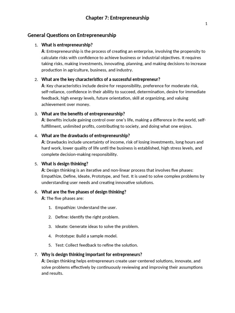 Questions On Entrepreneurship | PDF | Entrepreneurship | Design Thinking