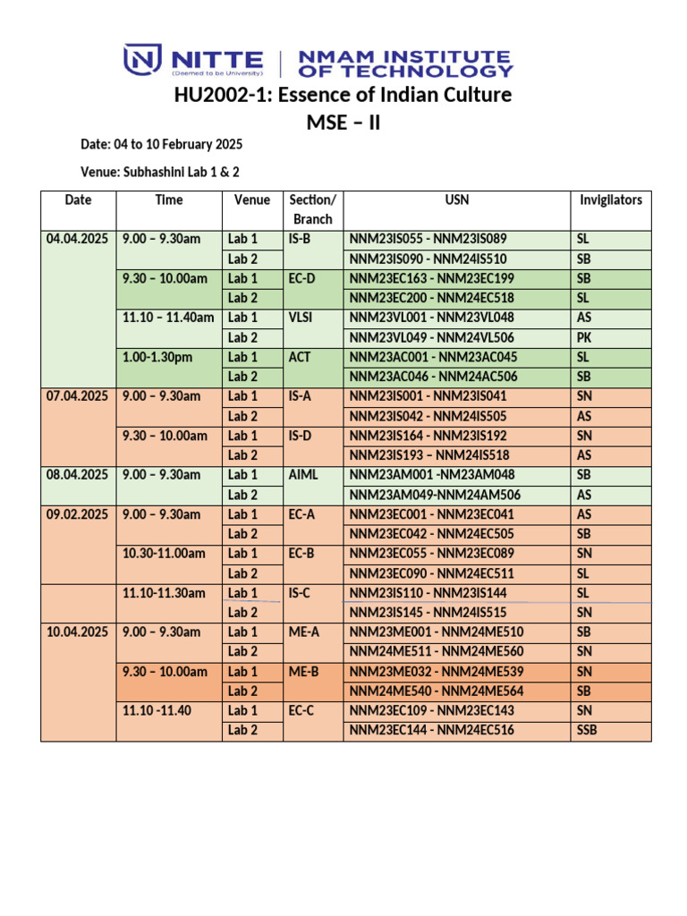 MSE 2 Time-Table | PDF