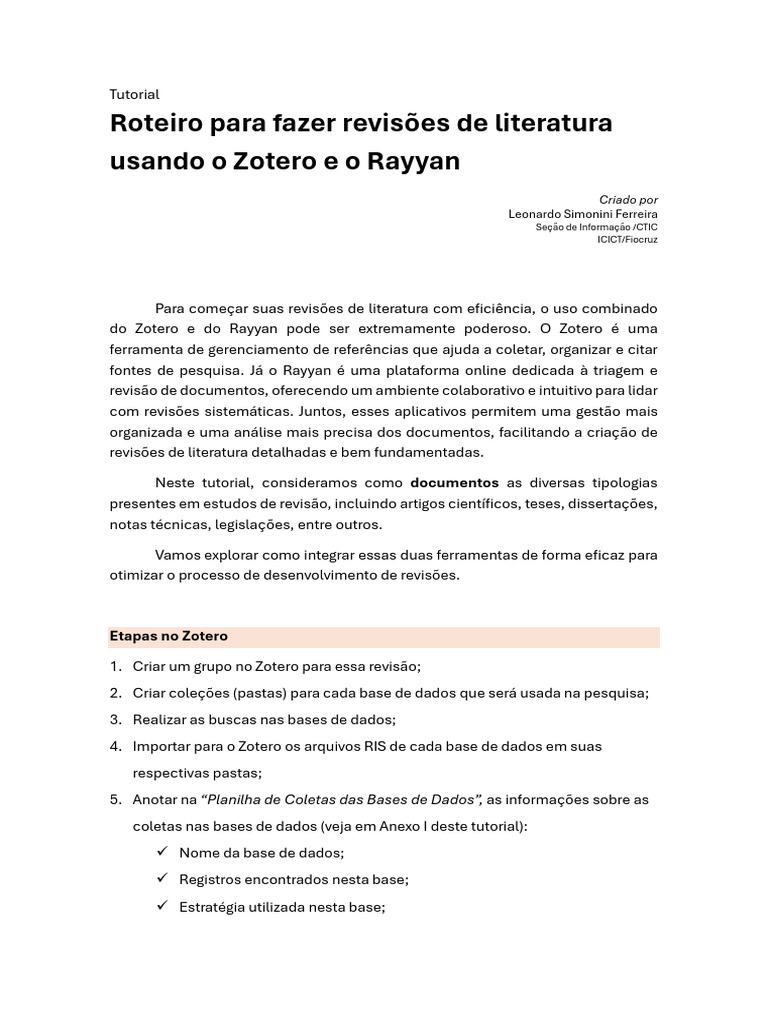 Roteiro para Fazer Revisões Usando o Zotero e o Rayyan | PDF | Bancos de dados | Abstract (resumo)