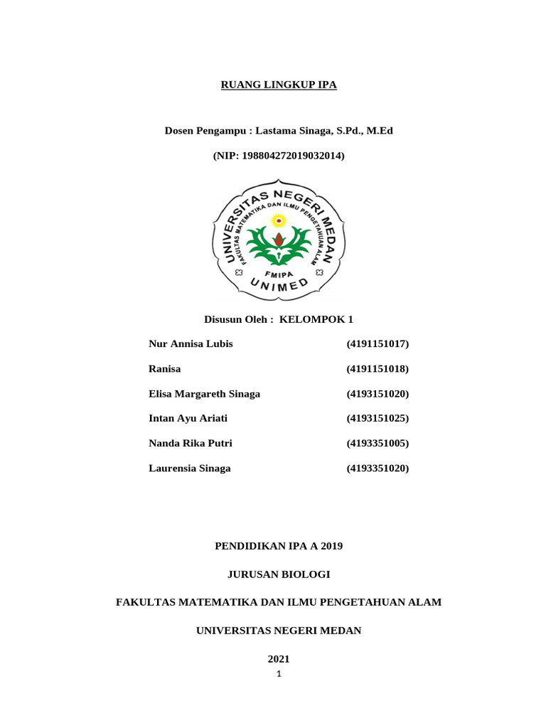 MAKALAH RUANG LINGKUP IPA - KELOMPOK 1 - MK. Kajian IPA | PDF
