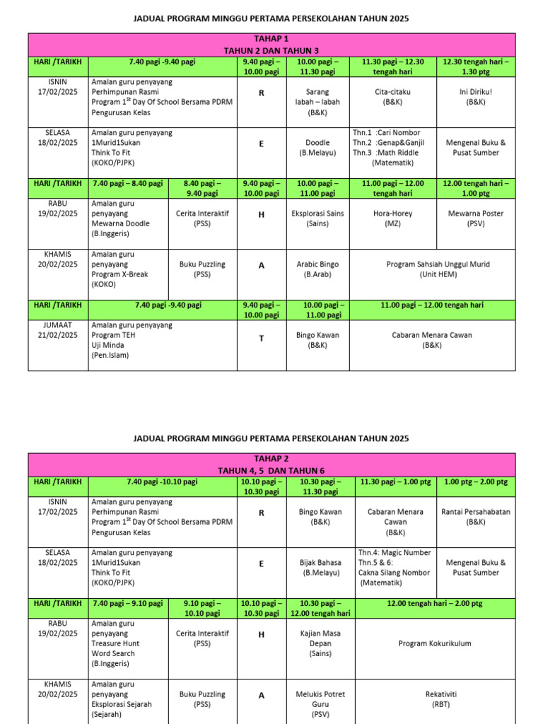 Jadual Program Minggu Pertama Persekolahan Tahun 2025 | PDF