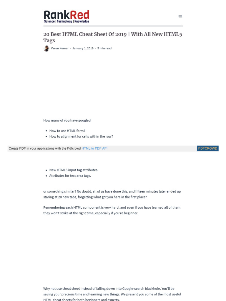 HTML Cheat Sheet of 2019 - With All New HTML5 Tags | PDF | Html | Html ...