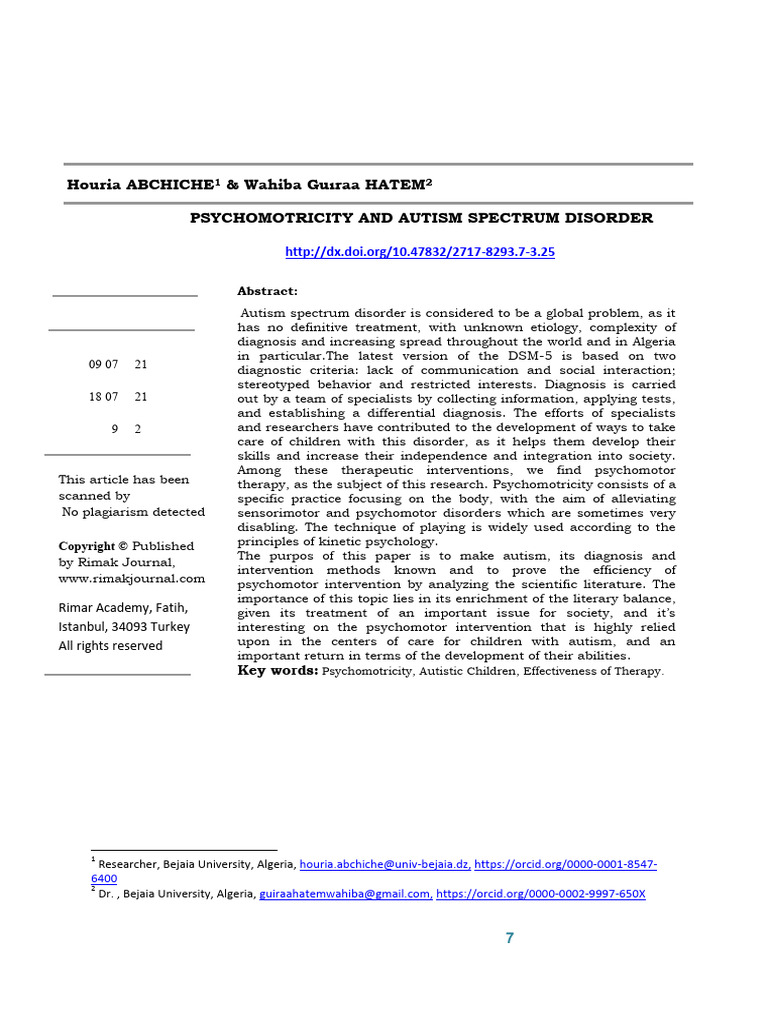 Psychomotricity and Autism Spectrum Disorder20210908045901 | PDF