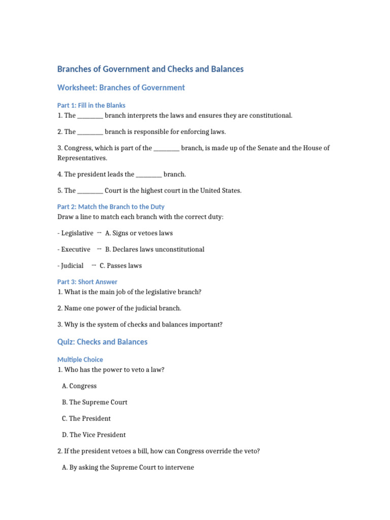 Branches of Government Worksheet | PDF