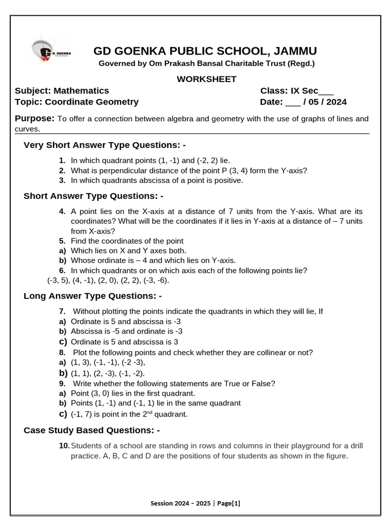 Class 9 Coordinate Geometry Worksheet | PDF | Cartesian Coordinate ...