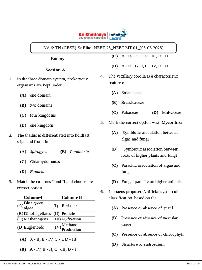 NEET 2025 Botany Practice Questions | PDF | Plant Stem | Leaf
