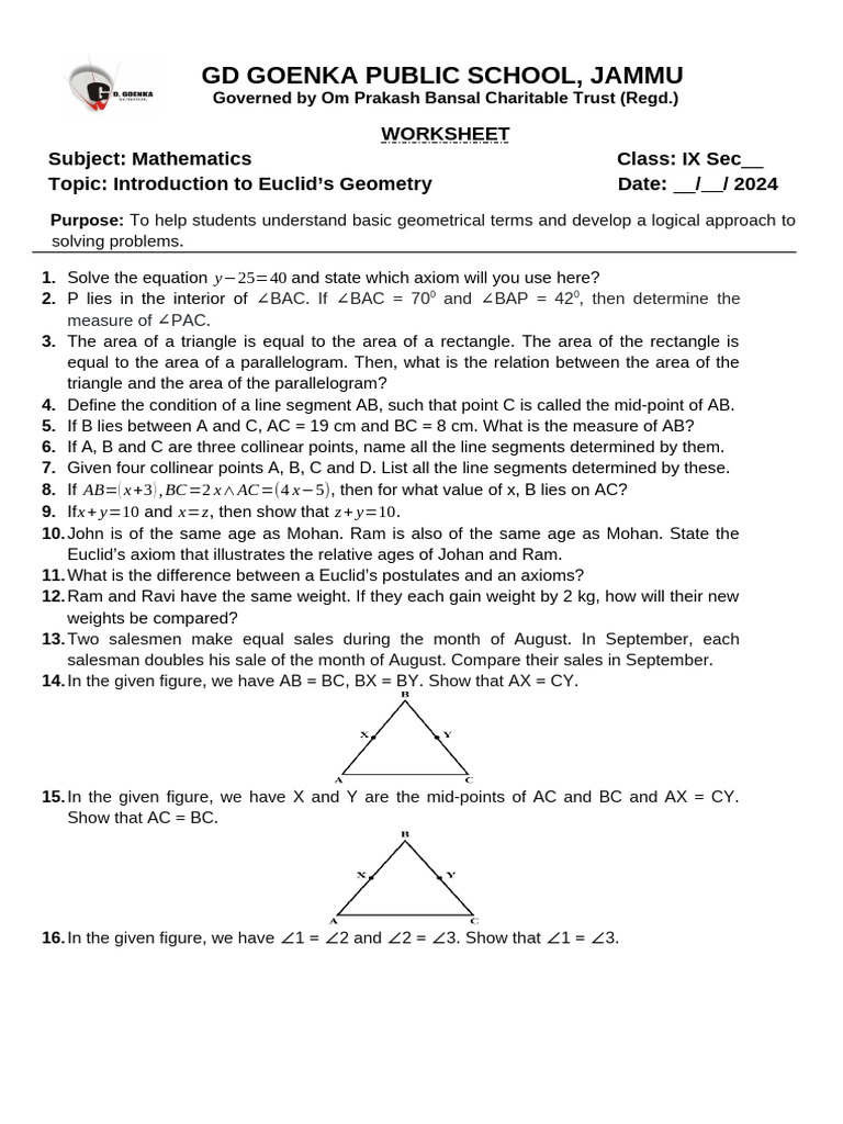 Worksheet Introduction To Euclid's Geometry 9TH Class | PDF | Line (Geometry) | Area