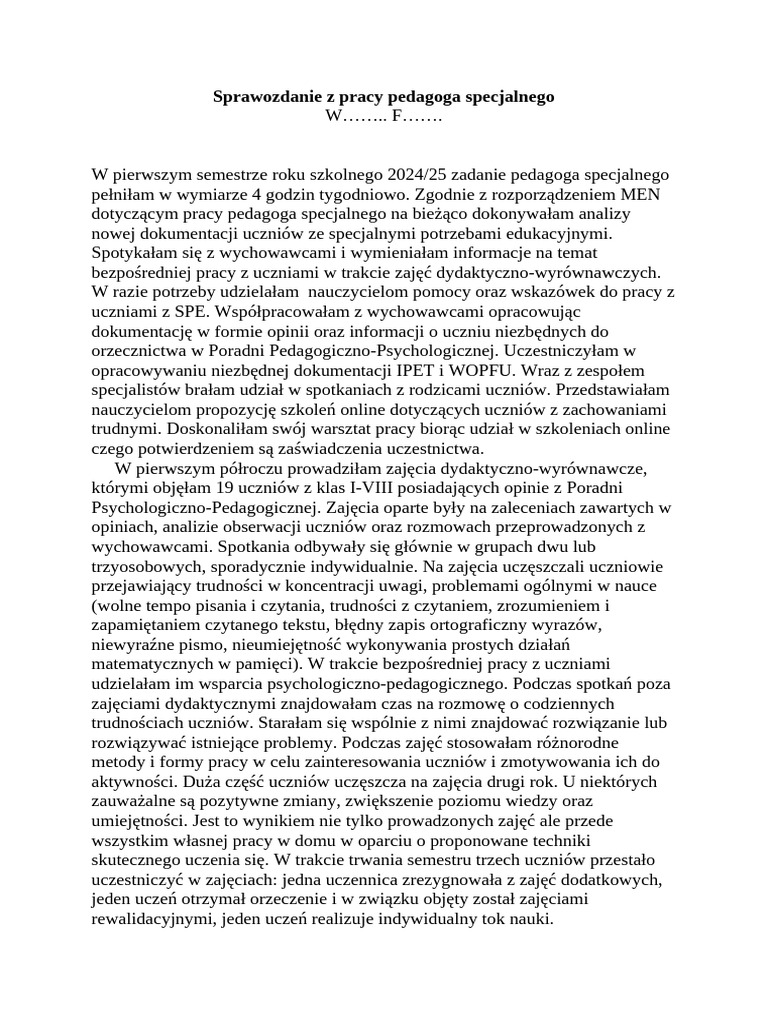 Sprawozdanie Z Pracy Pedagoga Specjalnego | PDF