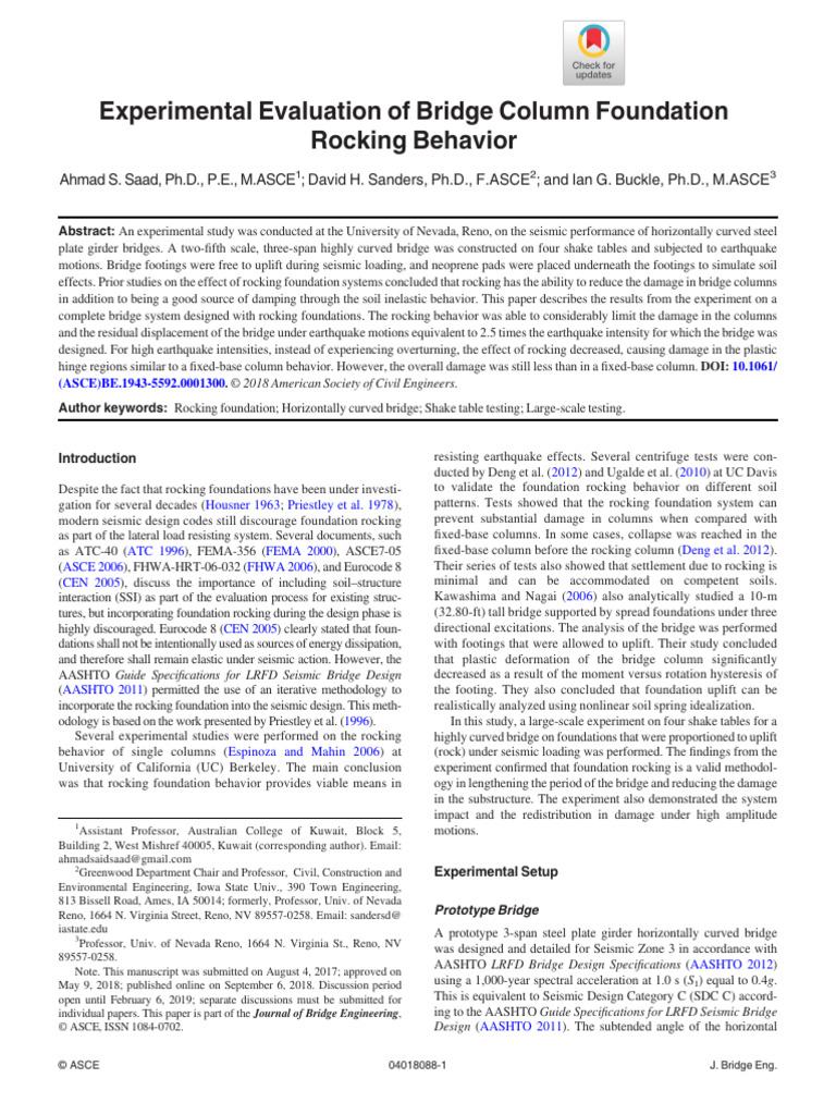 Experimental Evaluation of Bridge Column Foundation Rocking Behavior ...