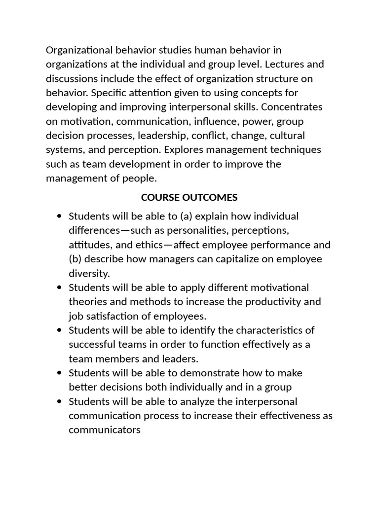 Organizational Behaviour Studies Human Behavior in Organizations at The Individual and Group ...