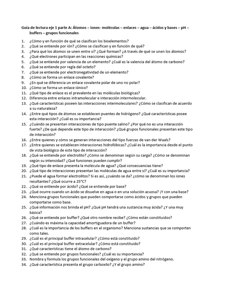 EJE 1 Guía de Estudio Bioelementos - Enlaces - Agua - Electrolitos - PH ...