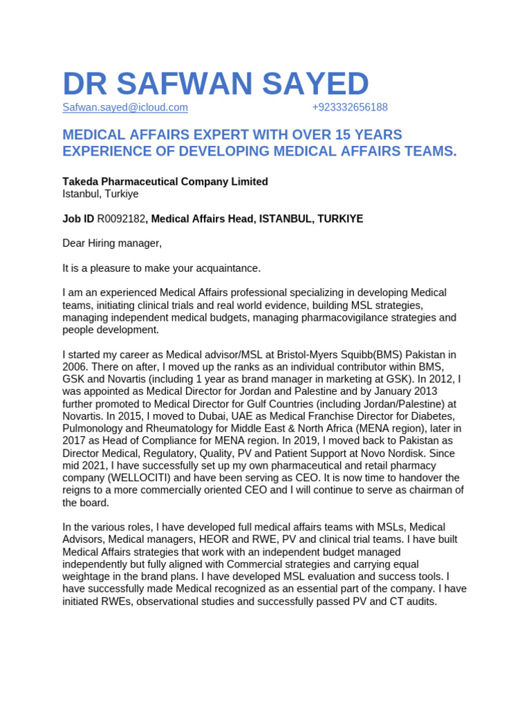 Covering Letter Takeda Turkey Medical Affairs Head | PDF
