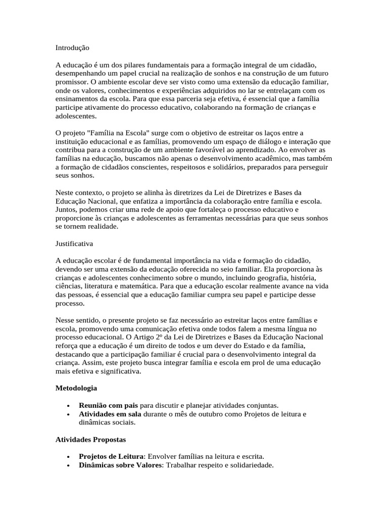 Projeto Família na Escola: Integração Educacional | PDF | Família