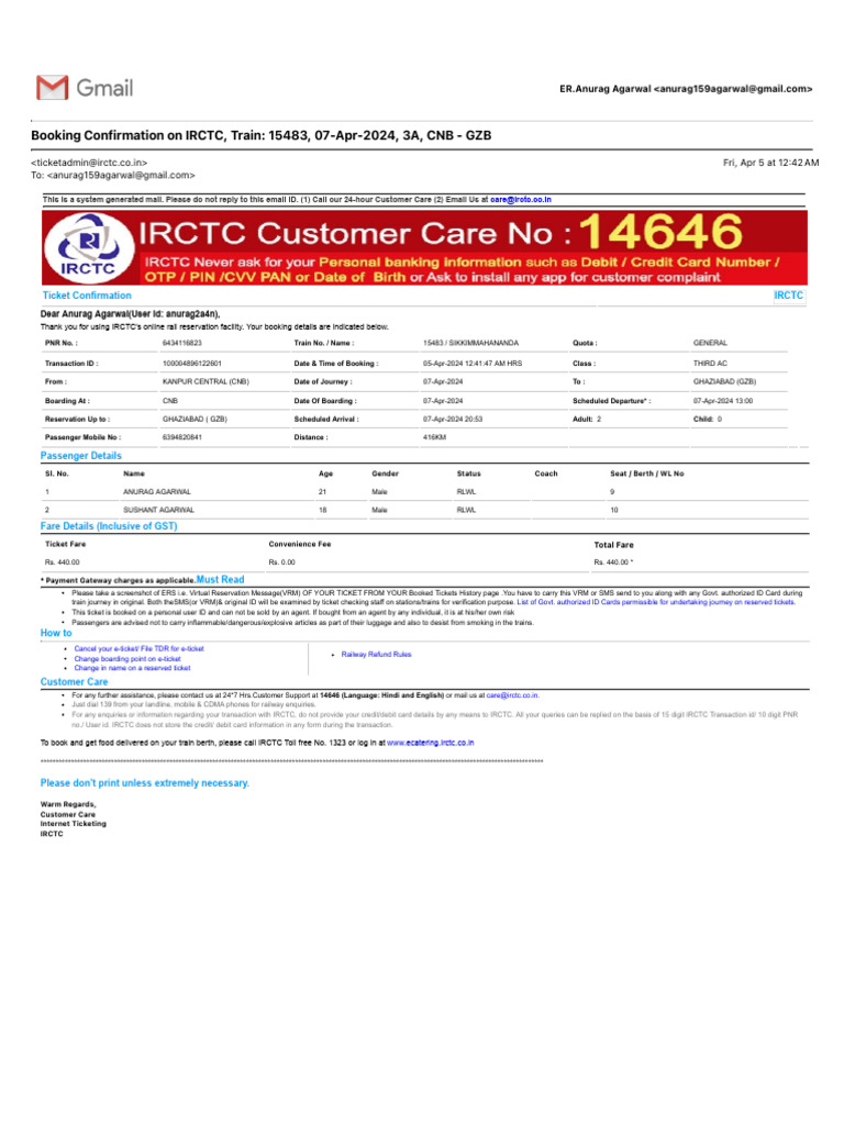Booking Confirmation On IRCTC, Train 15483, 07-Apr-2024, 3A, CNB - GZB ...