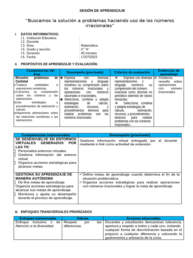 Sesión de Aprendizaje (Yanama) | PDF | Aprendizaje | Evaluación