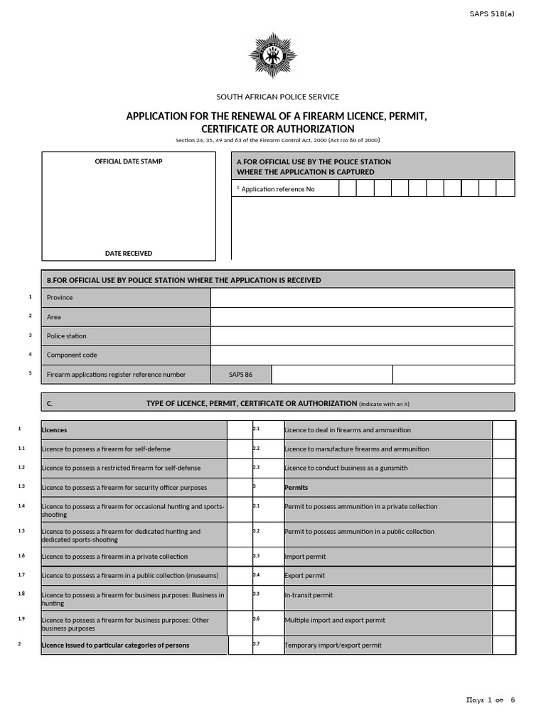 SAPS 518(a) Firearm License Renewal Form | PDF | Identity Document