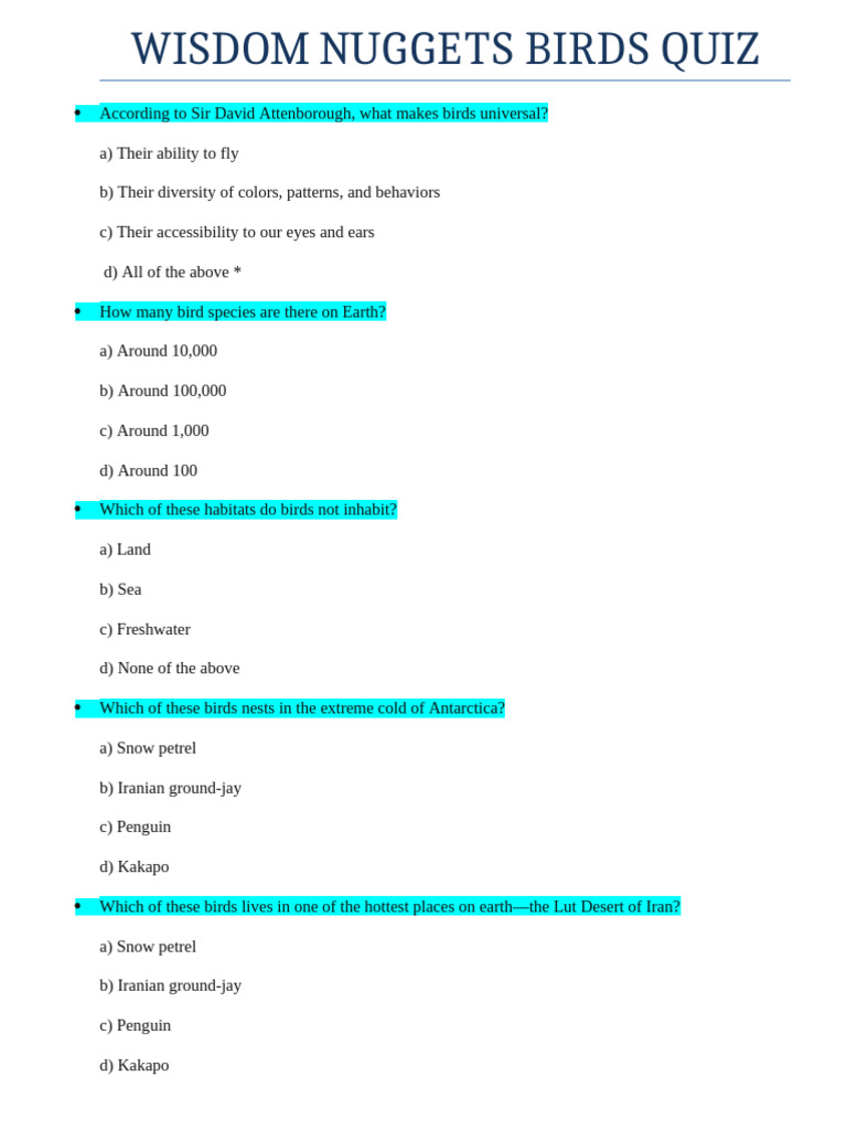 Wisdom Nuggets Birds Quiz PDF | PDF | Birds | Feather