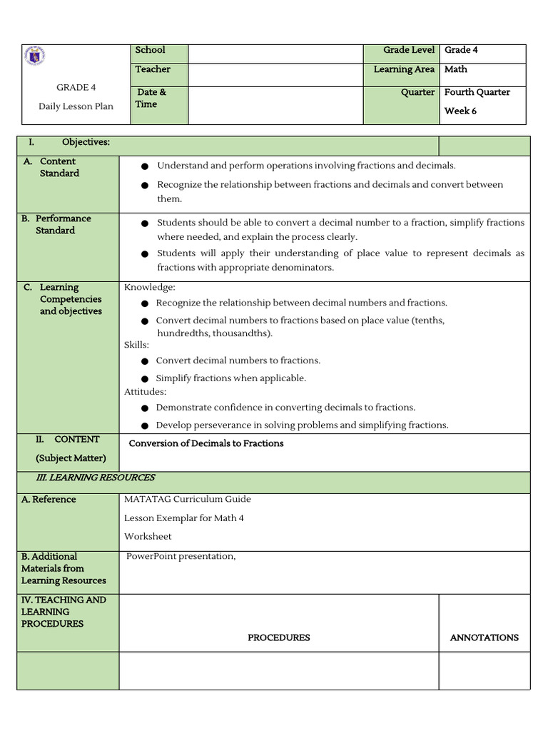 Q4 COT DLP Math 4 WK 6 - Conversion of Decimals To Fractions | PDF | Decimal | Lesson Plan