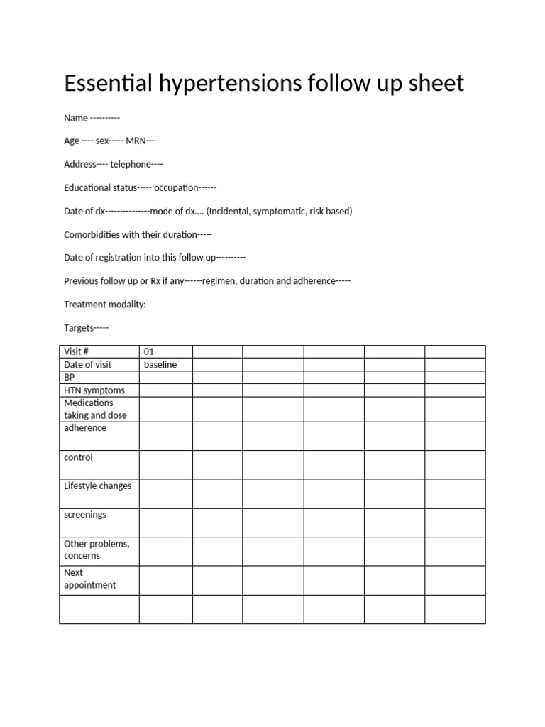 Essential Hypertension Follow-Up Sheet | PDF
