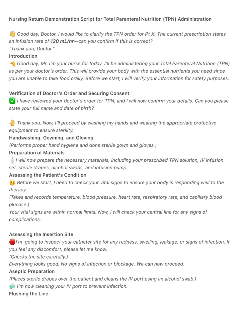 Nursing Return Demonstration Script For Total Parenteral Nutrition ...