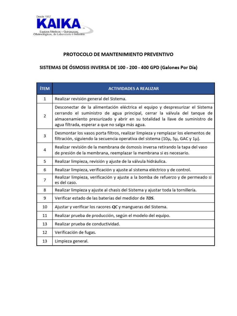Protocolo Mantenimiento SISTEMA DE OSMOSIS 100, 200, 400 GPD | PDF | Membrana | Ósmosis