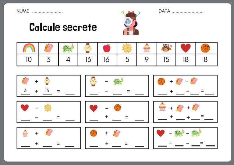 Secret Code Addition Math Worksheet in Grey Colorful Illustrative | PDF
