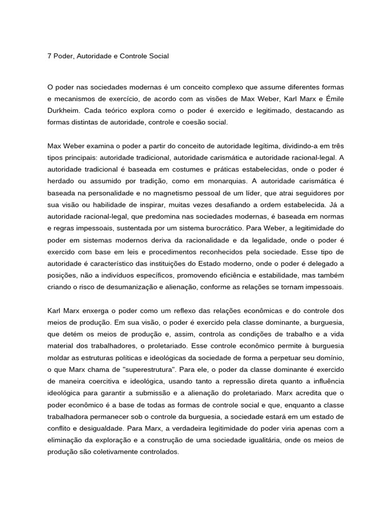 Poder e Controle Social: Teorias Clássicas | PDF | Sociologia | Émile ...