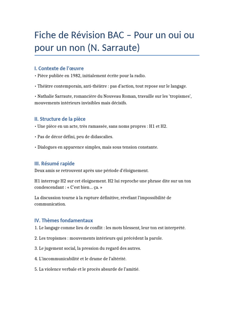 Fiche BAC Pour Un Oui Ou Pour Un Non COMPLETE | PDF