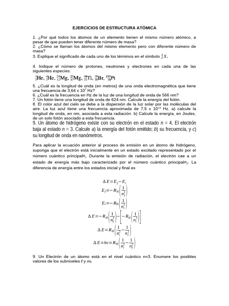 Ejercicios Estructura | PDF | Configuración electronica | Espectro de emisión