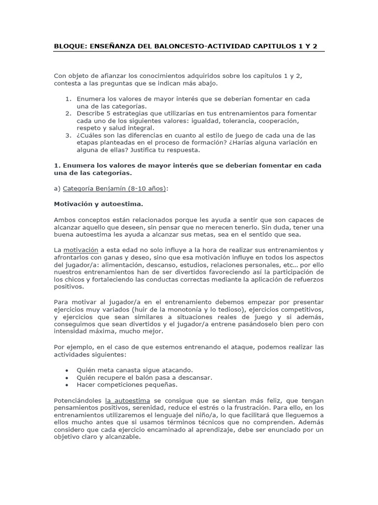 BLOQUE 1 y 2 - ENSEÑANZA DEL BALONCESTO | PDF | Autoestima | Motivación