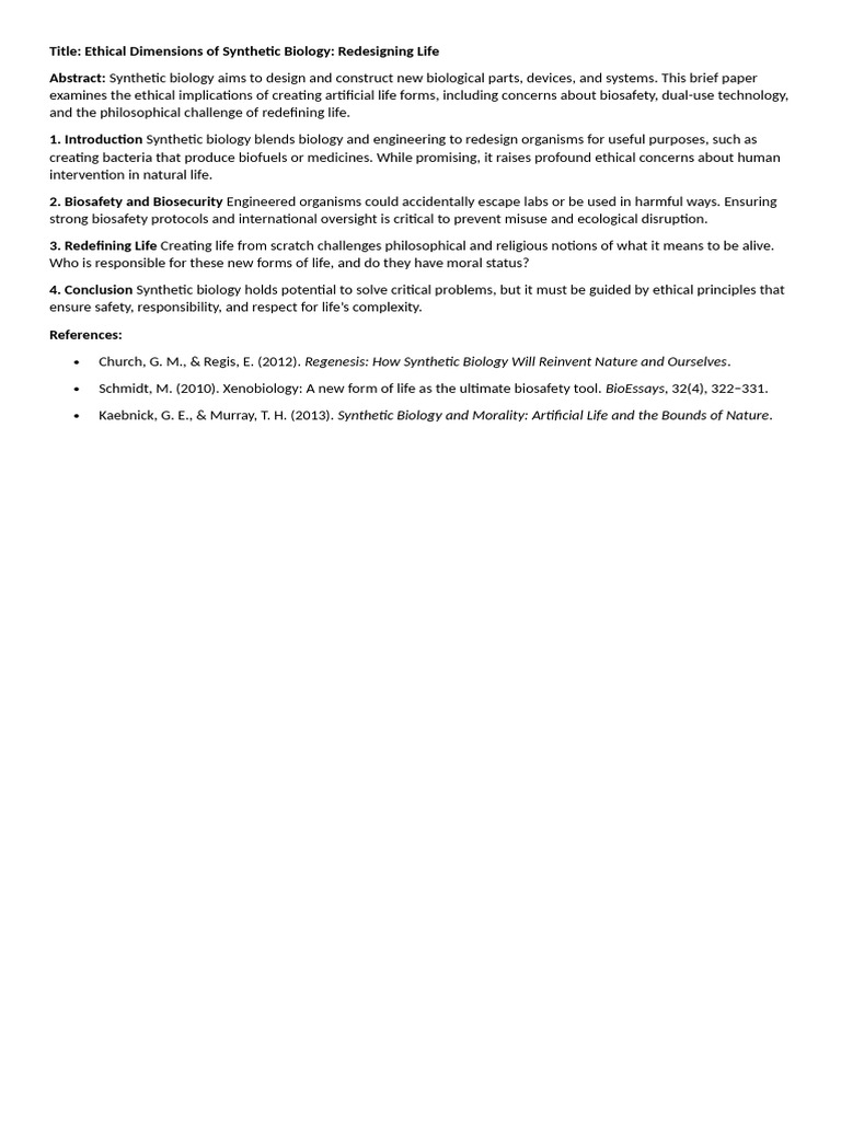 Ethical Dimensions of Synthetic Biology Redesigning Life | PDF