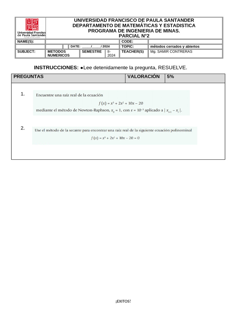 Parcial #2 Metodos Numericos. | PDF