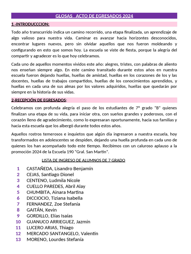 Glosas Acto de Egresados 2024 | PDF