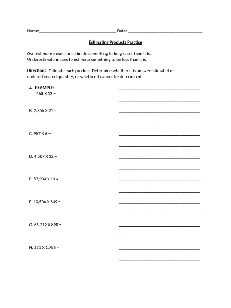 Estimating Products 6th Grade Worksheet | PDF