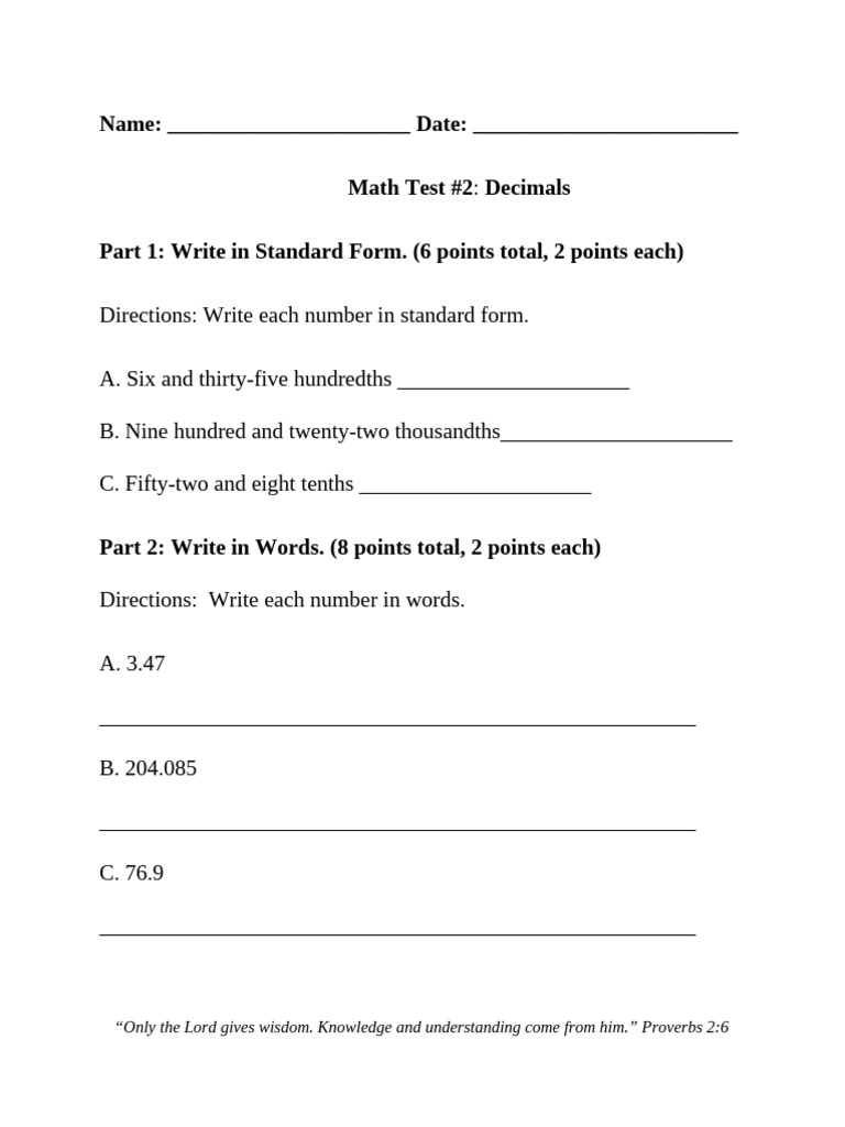 Math Test: Decimals Practice Guide | PDF
