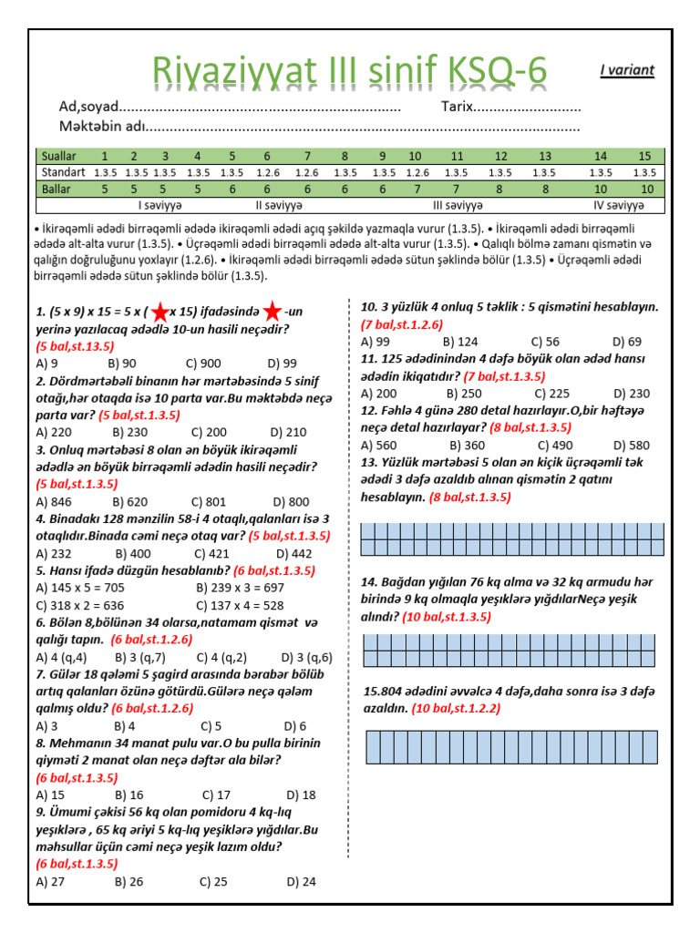 PAYLAŞMA - ÖDƏNİŞLİ.3 Cü Sinif Riyaziyyat KSQ 6 I Variant (Fayilə Müəllimə) | PDF
