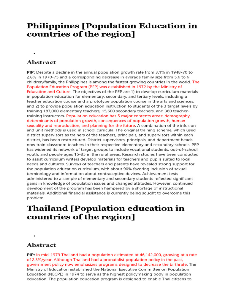 Philippines Population Education Overview | PDF | Family Planning ...