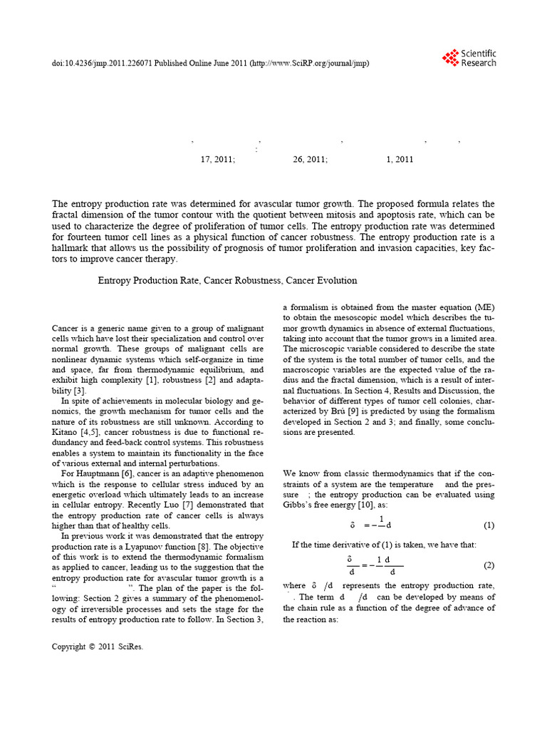 Entropy Production Rate For Avascular Tumor Growth | PDF | Entropy ...