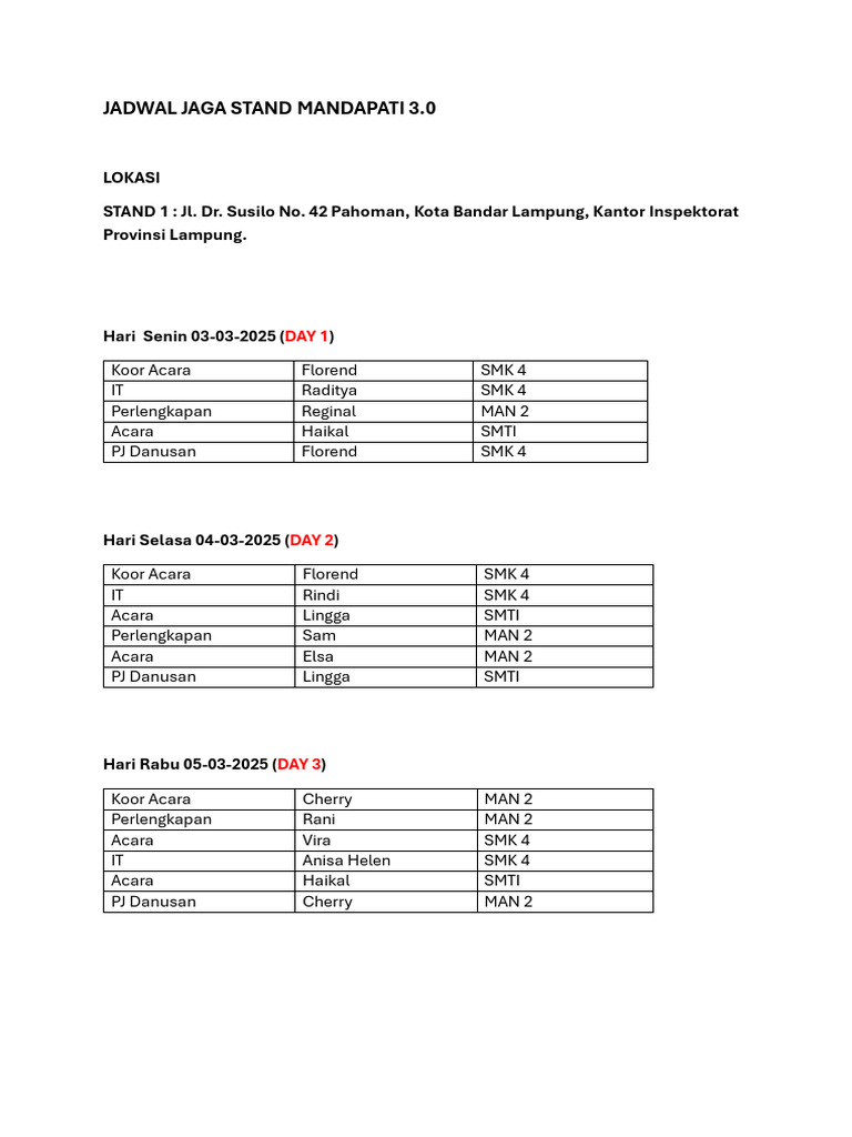 Jadwal Jaga Stand Danus Mandapati 3.0 | PDF